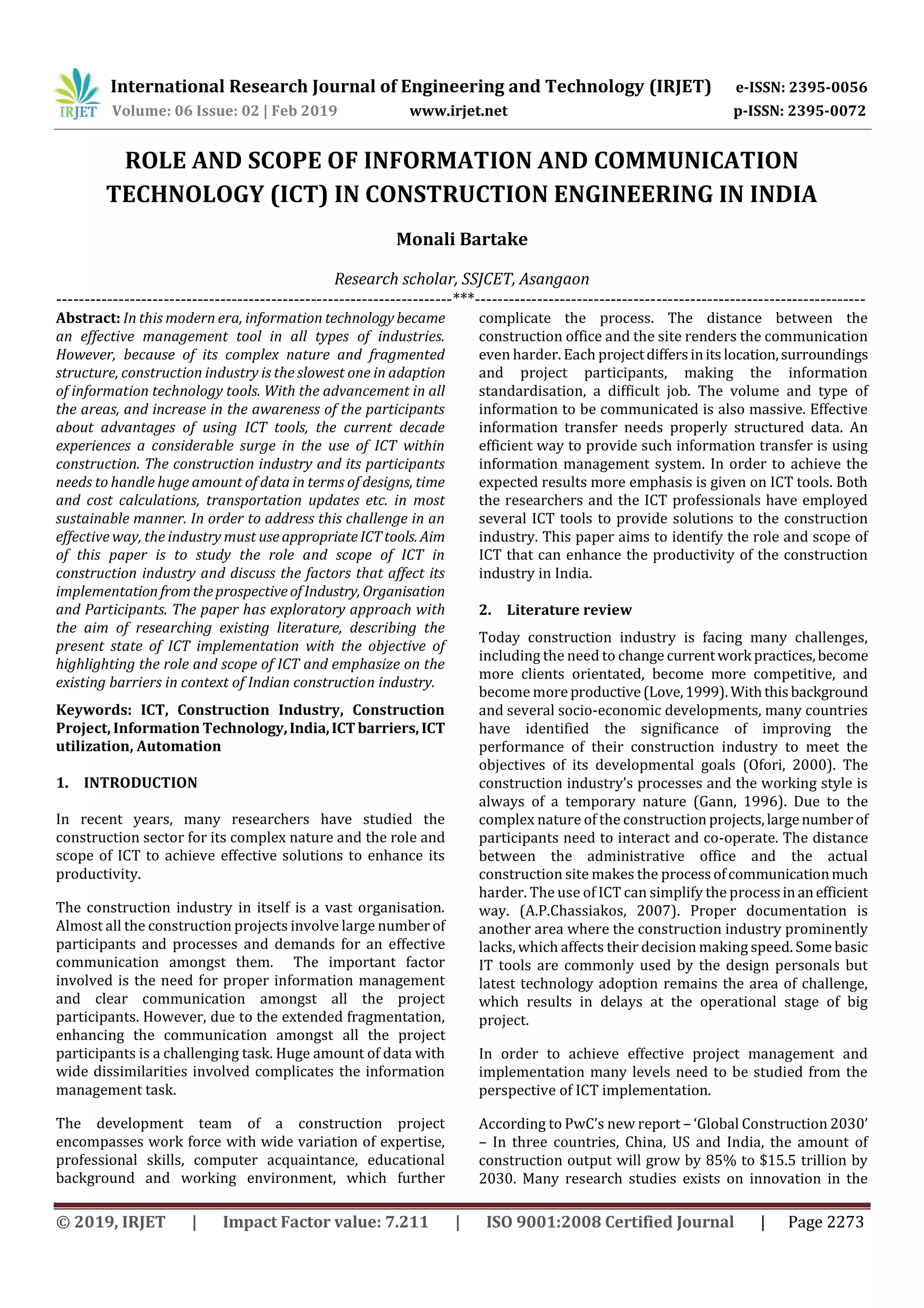 IRJET- Role and Scope of Information and Communication Technology (ICT) in Construction ...