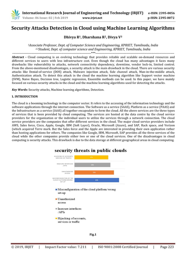 IRJET- Security Attacks Detection in Cloud using Machine Learning Algorithms | PDF