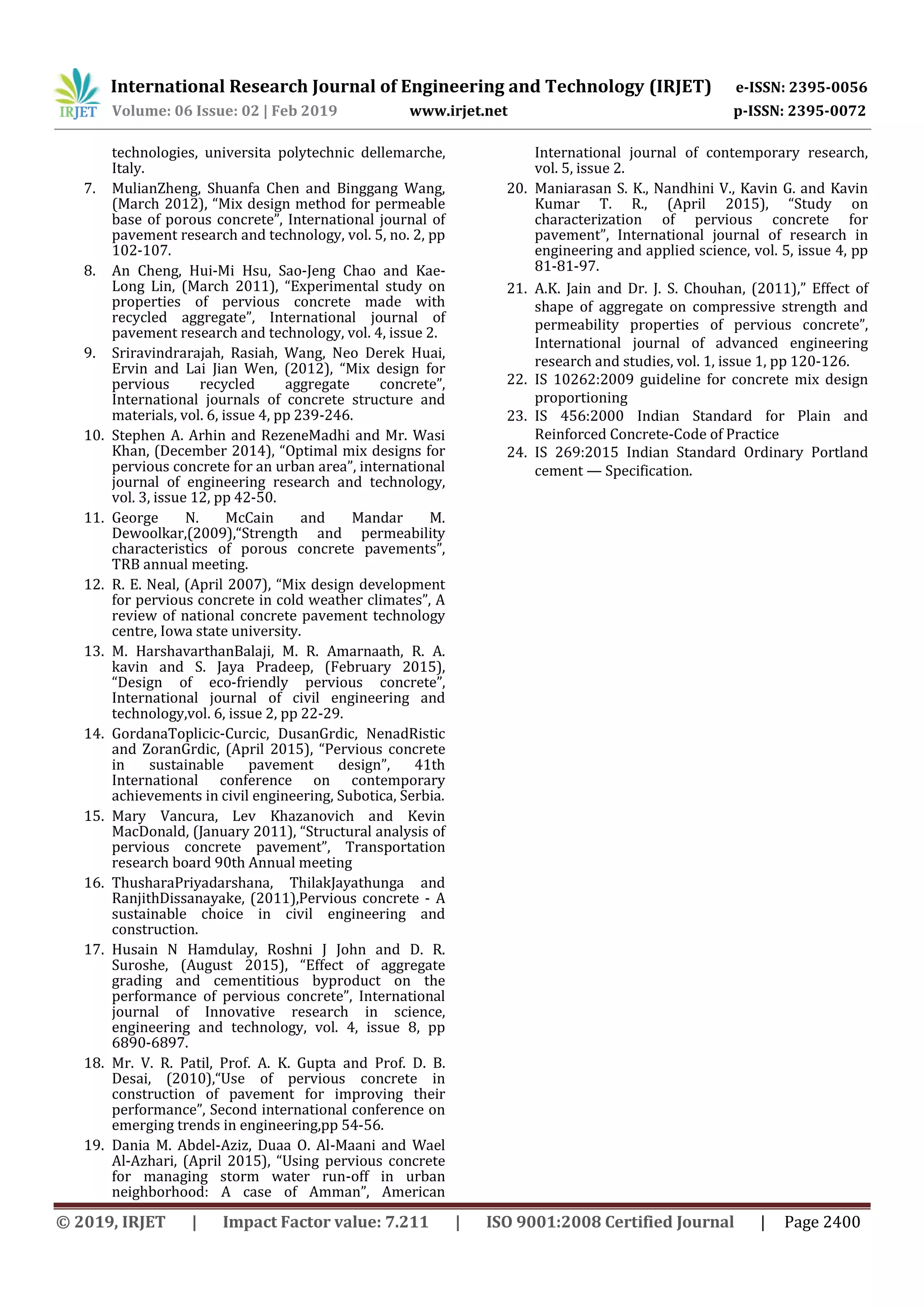IRJET-Mix Proportion of Materials in Pervious Concrete | PDF