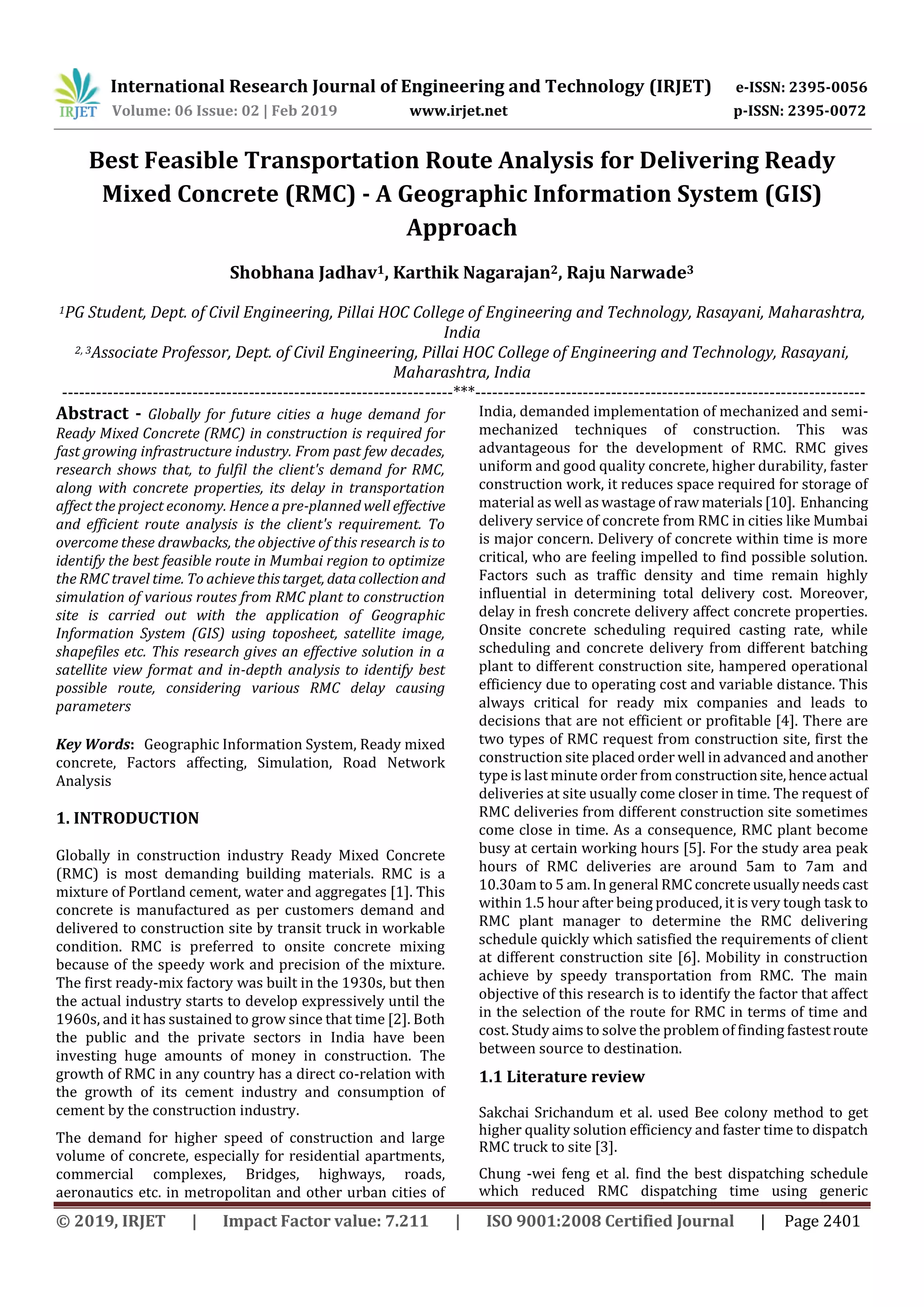 IRJET- Best Feasible Transportation Route Analysis for Delivering Ready Mixed Concrete (RMC) - A ...