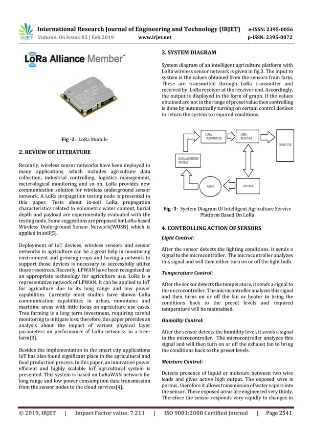Irjet A Review On Intelligent Agriculture Service Platform With Lora Based Wireless Sensor