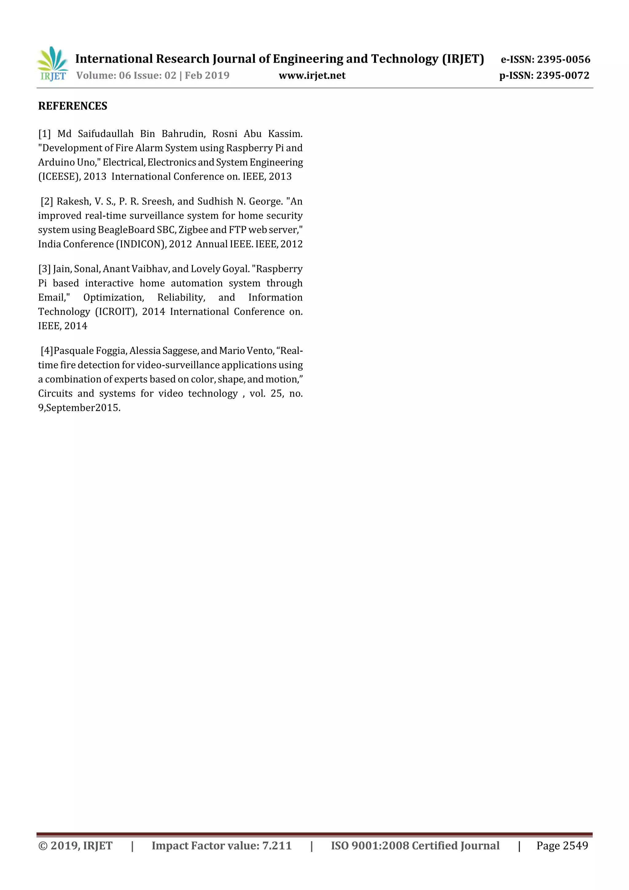 IRJET- Review on Image Processing based Fire Detetion using Raspberry Pi | PDF