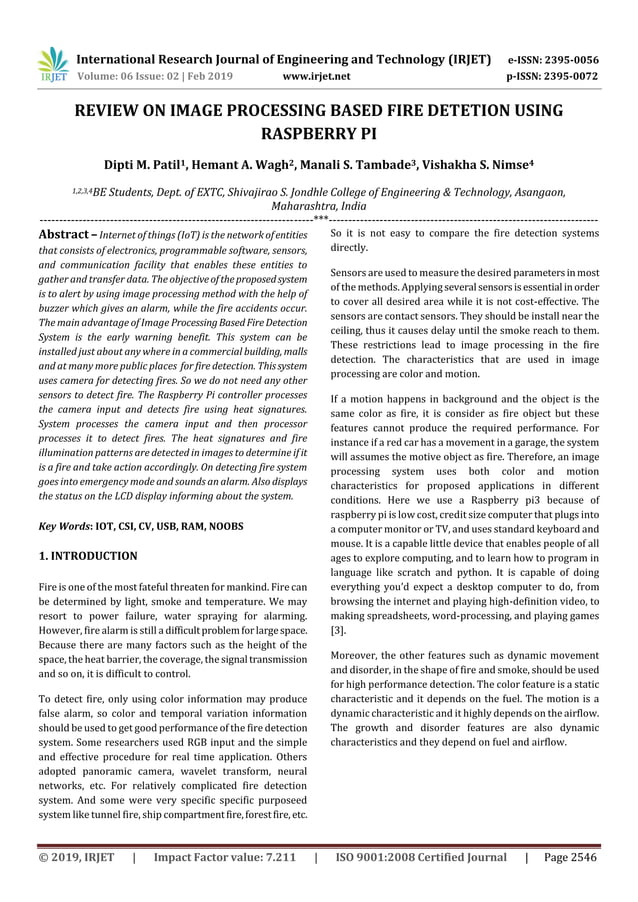IRJET- Review on Image Processing based Fire Detetion using Raspberry Pi | PDF