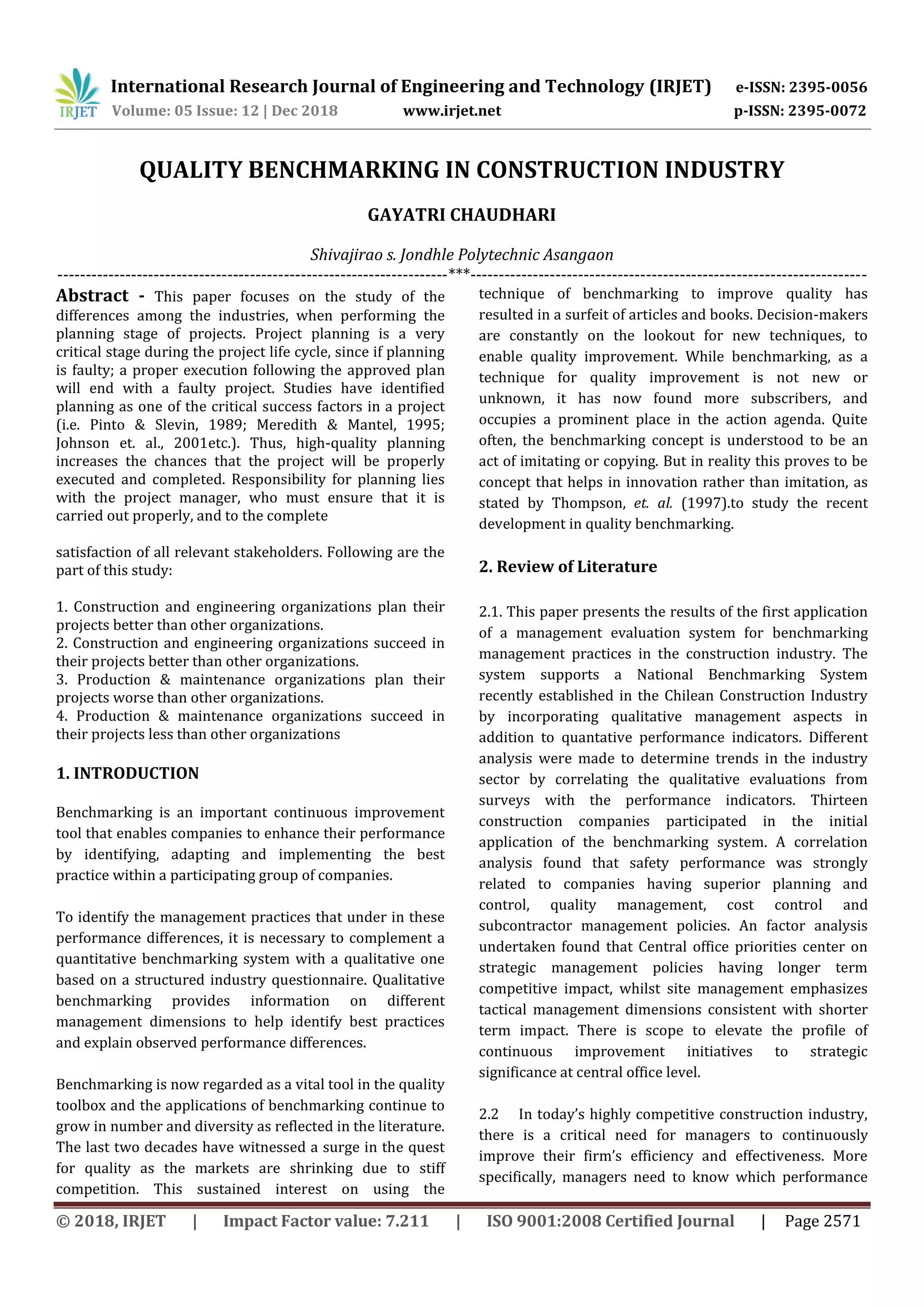 IRJET-Quality Benchmarking in Construction Industry | PDF