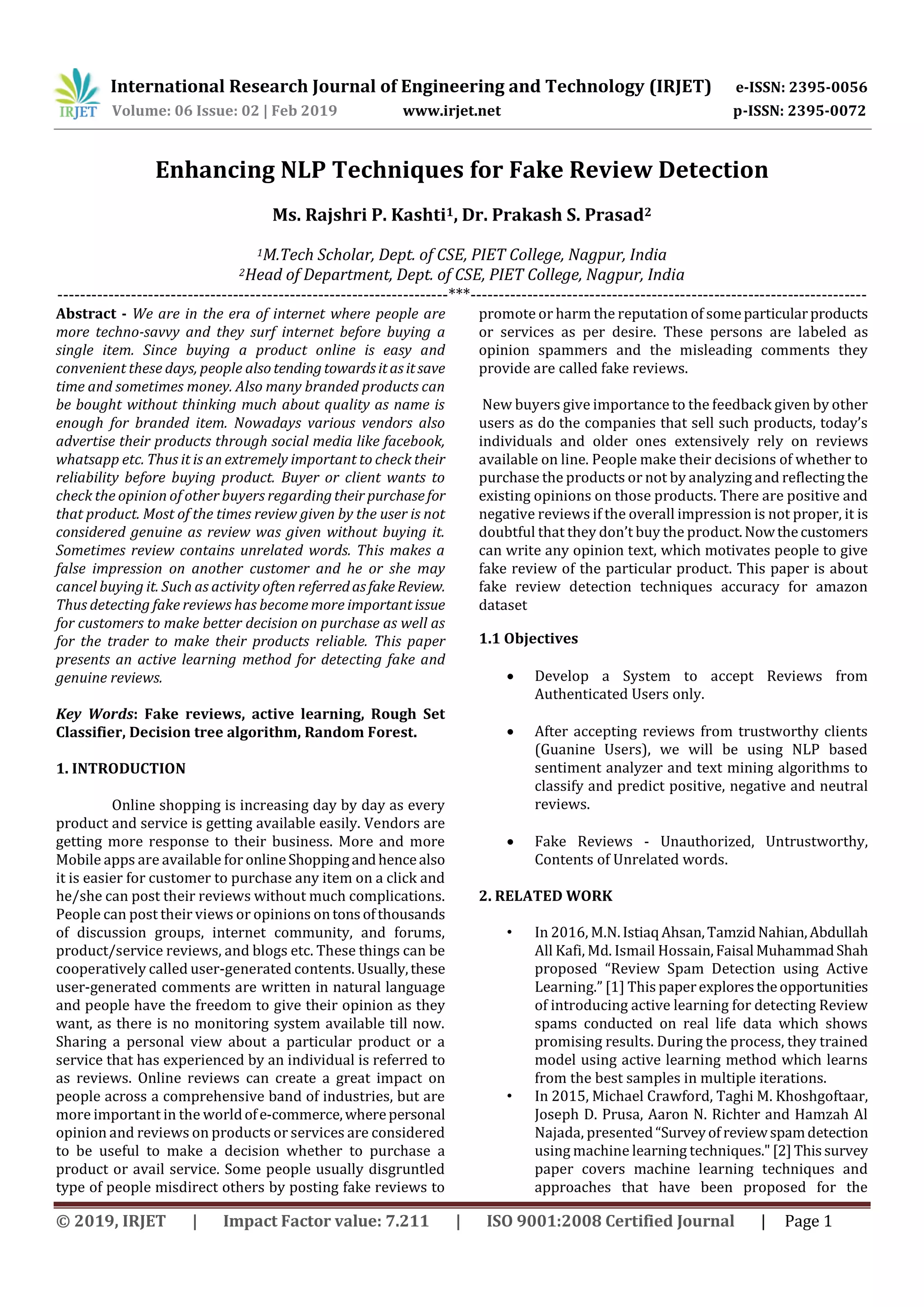 IRJET- Enhancing NLP Techniques for Fake Review Detection | PDF