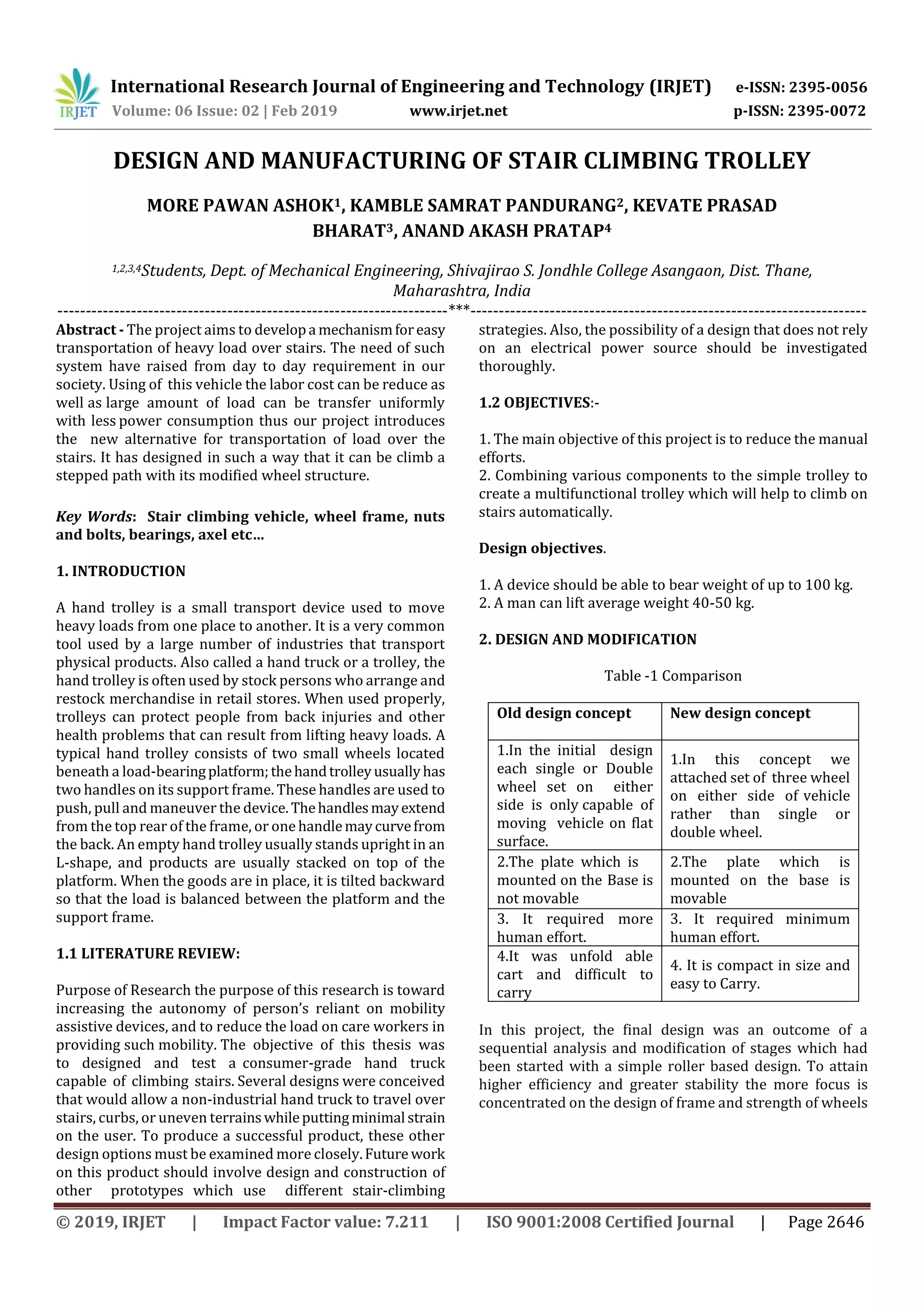 IRJET- Design and Manufacturing of Stair Climbing Trolley | PDF