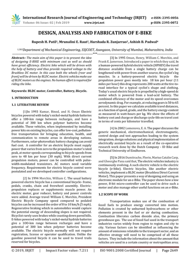 IRJET- Design, Analysis and Fabrication of E-Bike | PDF