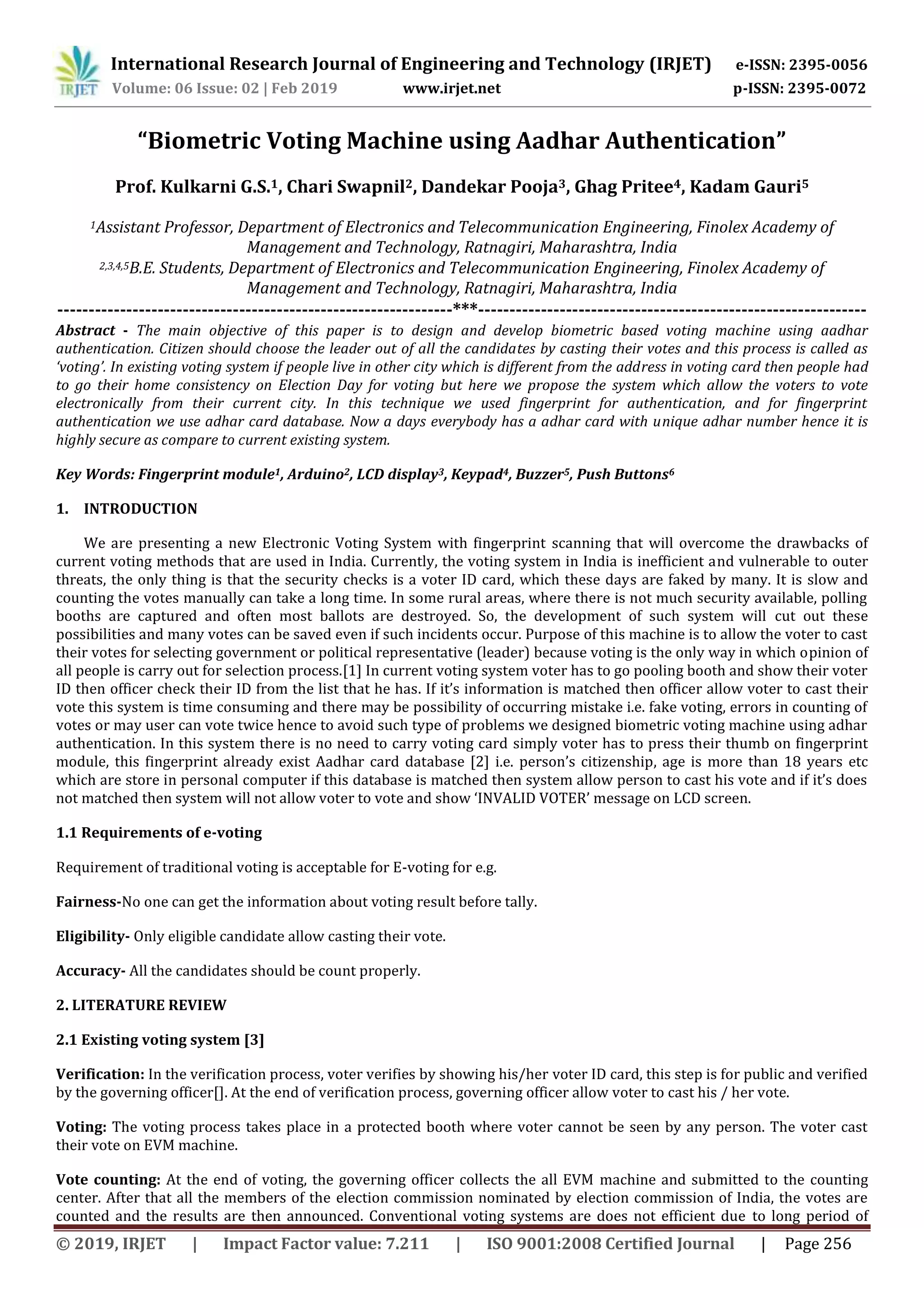 IRJET- Biometric Voting Machine using Aadhar Authentication | PDF