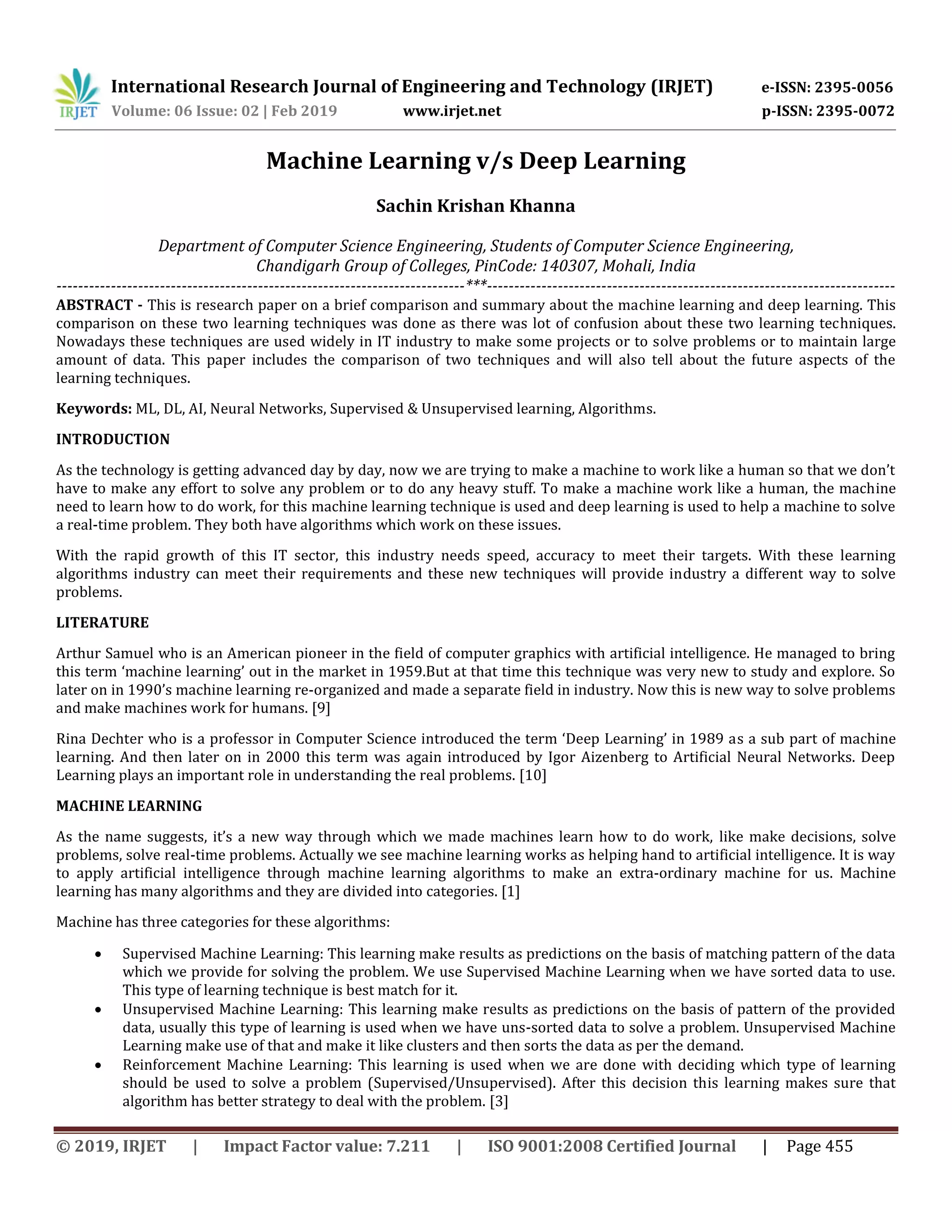 IRJET- Machine Learning V/S Deep Learning | PDF