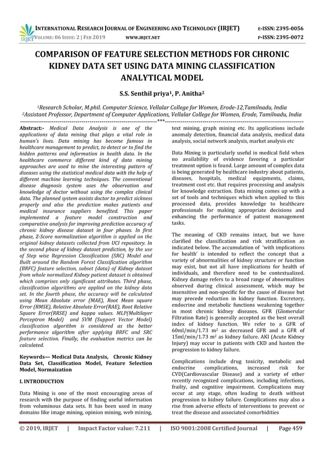 IRJET- Comparison of Feature Selection Methods for Chronic Kidney Data Set using Data Mining ...