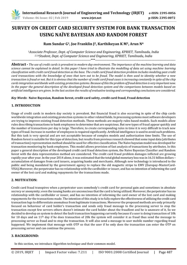 IRJET- Survey on Credit Card Security System for Bank Transaction using Naïve Bayesian and ...