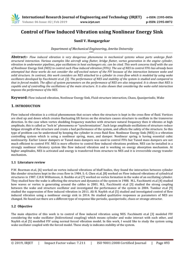 IRJET- Control of Flow Induced Vibration using Nonlinear Energy Sink | PDF