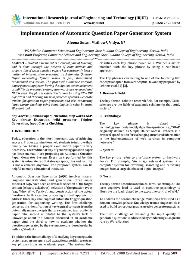 IRJET- Implementation of Automatic Question Paper Generator System | PDF