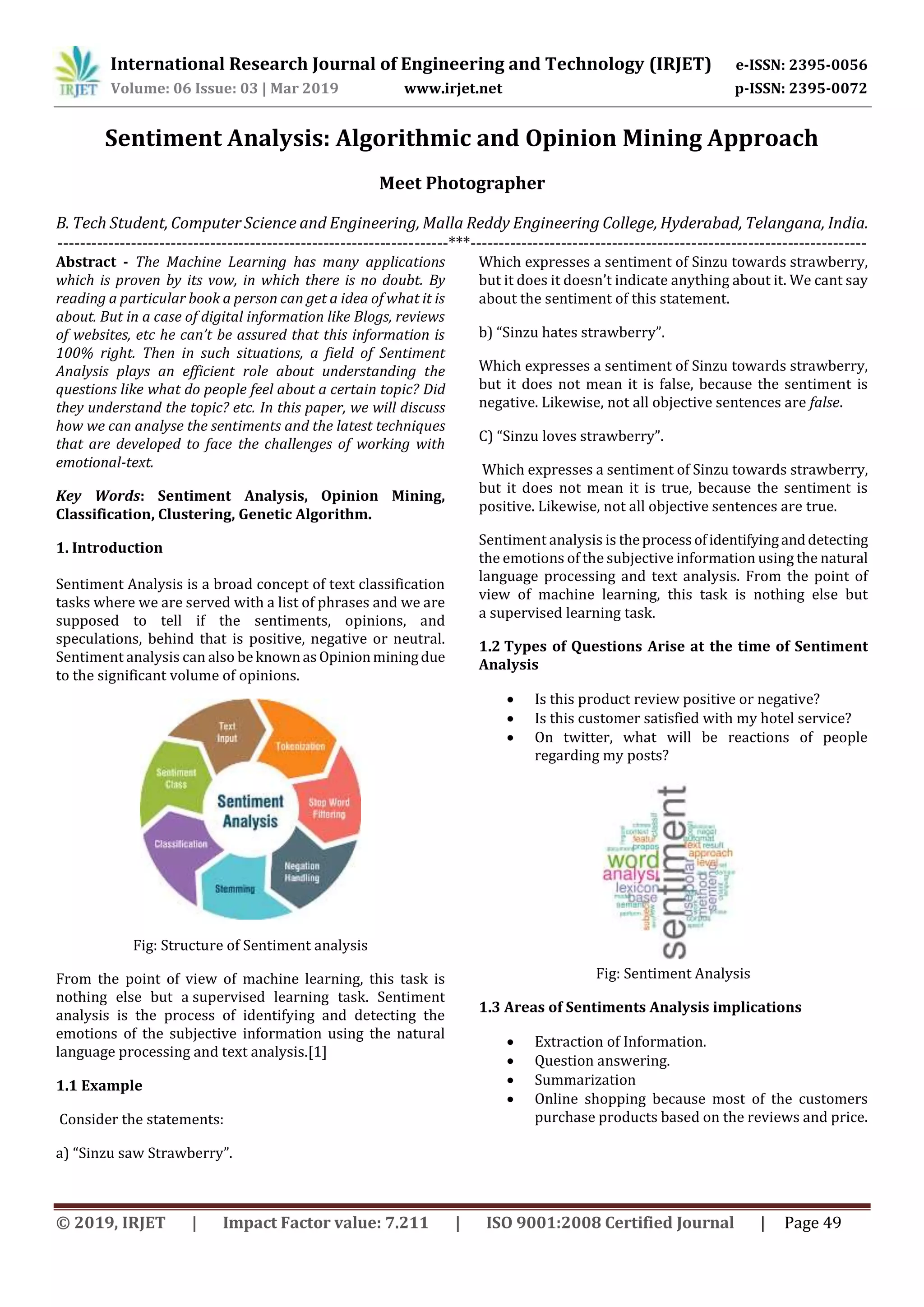 IRJET- Sentiment Analysis: Algorithmic and Opinion Mining Approach | PDF