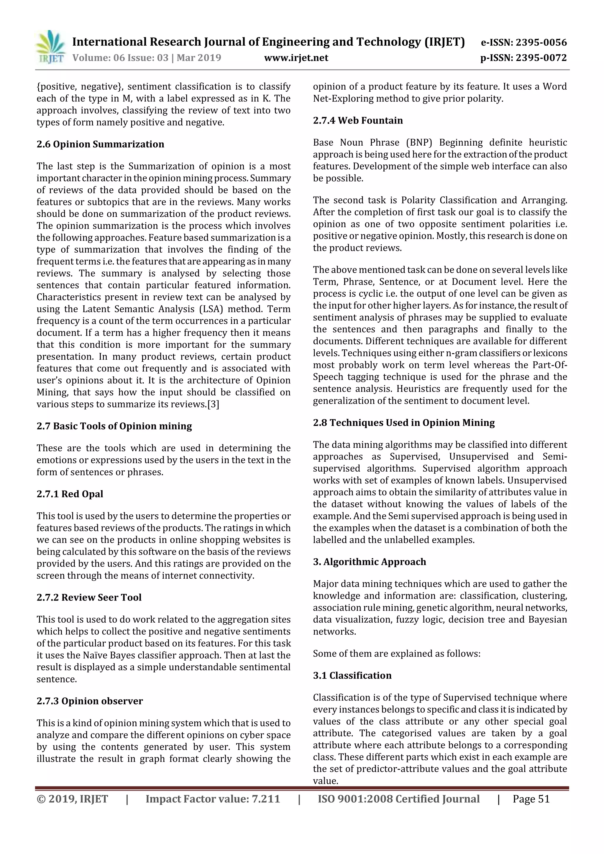 IRJET- Sentiment Analysis: Algorithmic and Opinion Mining Approach | PDF