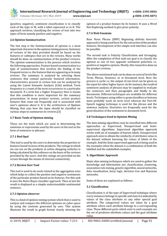IRJET- Sentiment Analysis: Algorithmic and Opinion Mining Approach | PDF