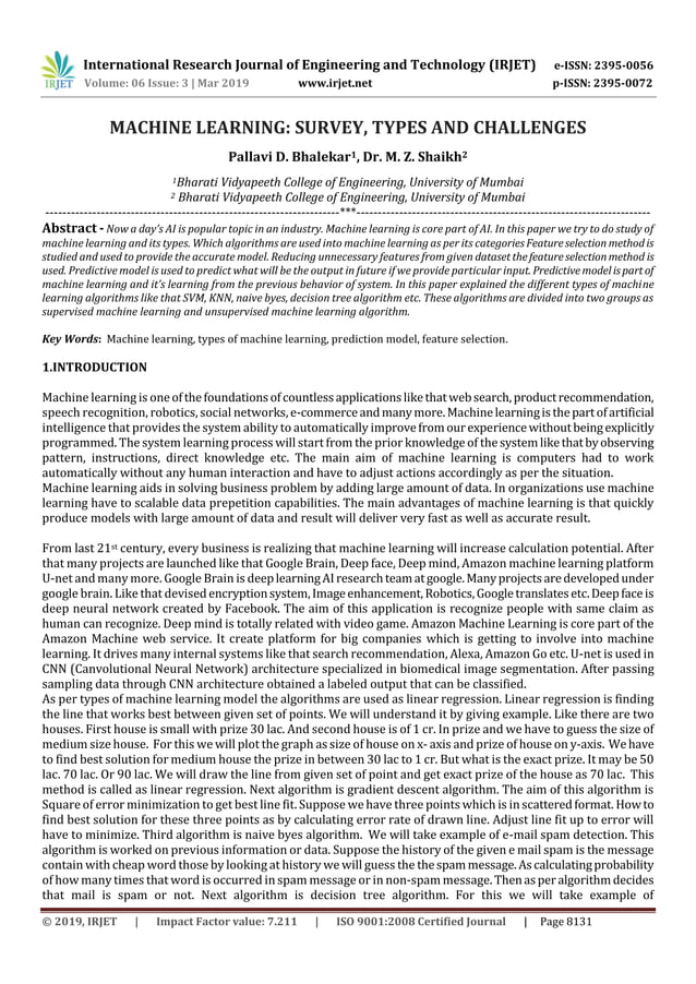 IRJET- Machine Learning: Survey, Types and Challenges | PDF | Email | Internet