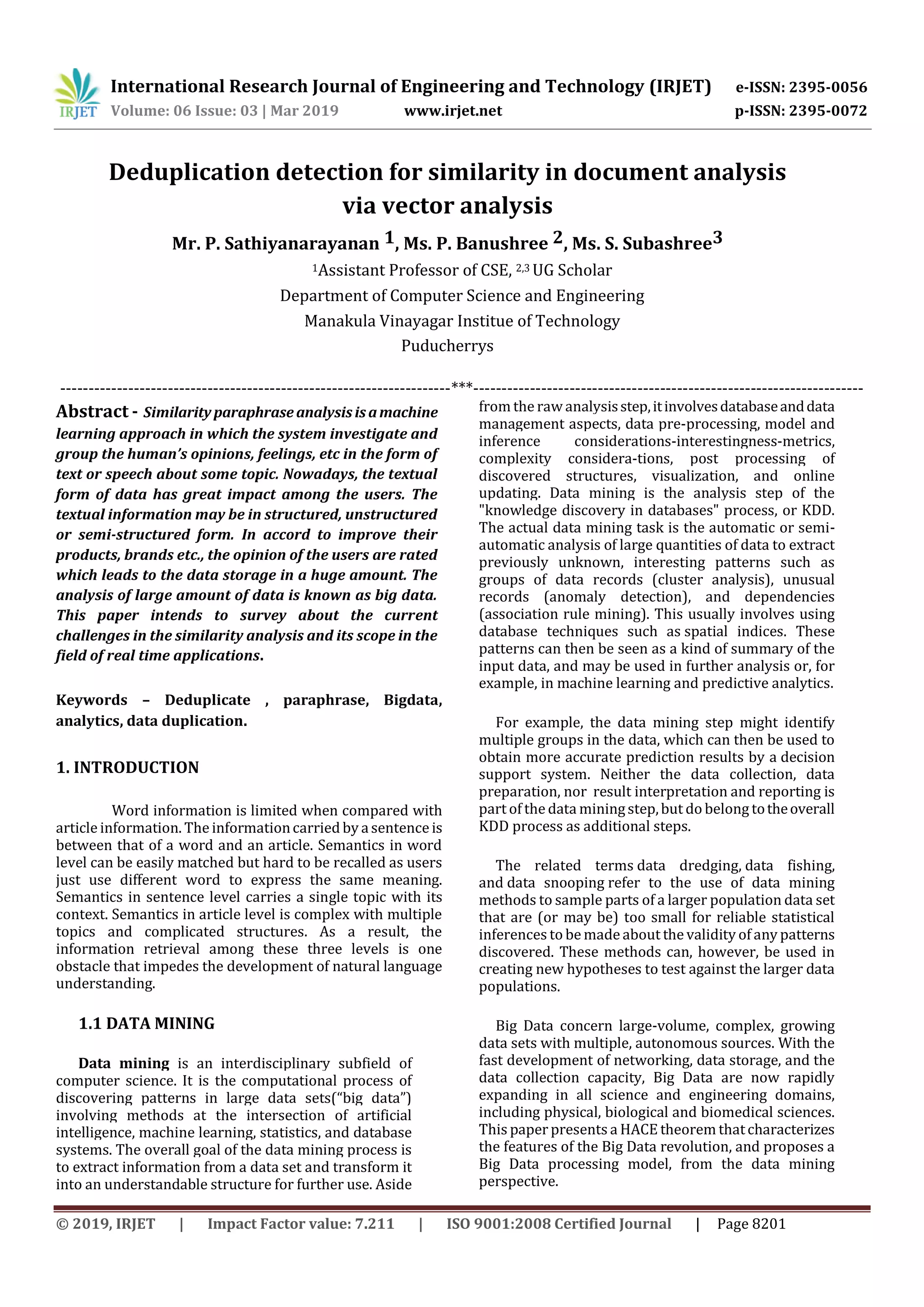 IRJET- Deduplication Detection for Similarity in Document Analysis Via Vector Analysis | PDF