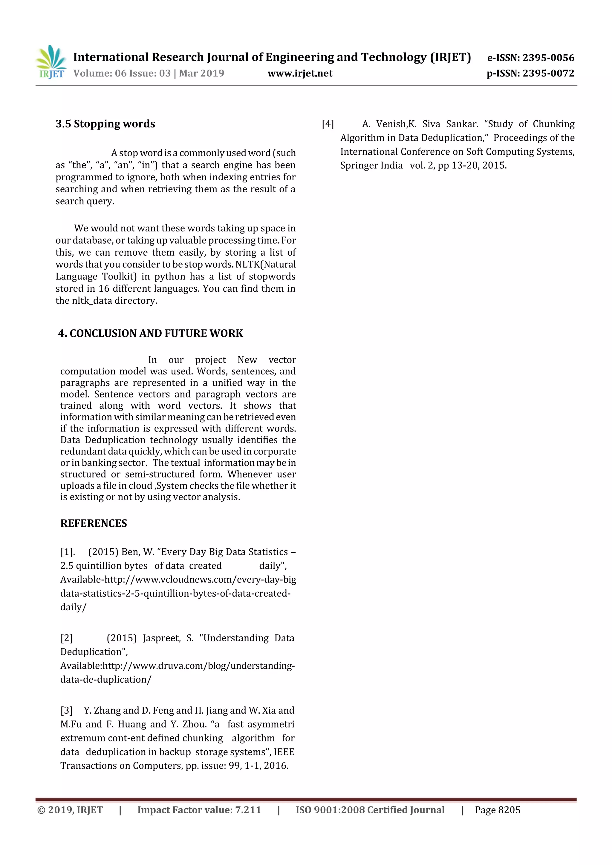 IRJET- Deduplication Detection for Similarity in Document Analysis Via Vector Analysis | PDF