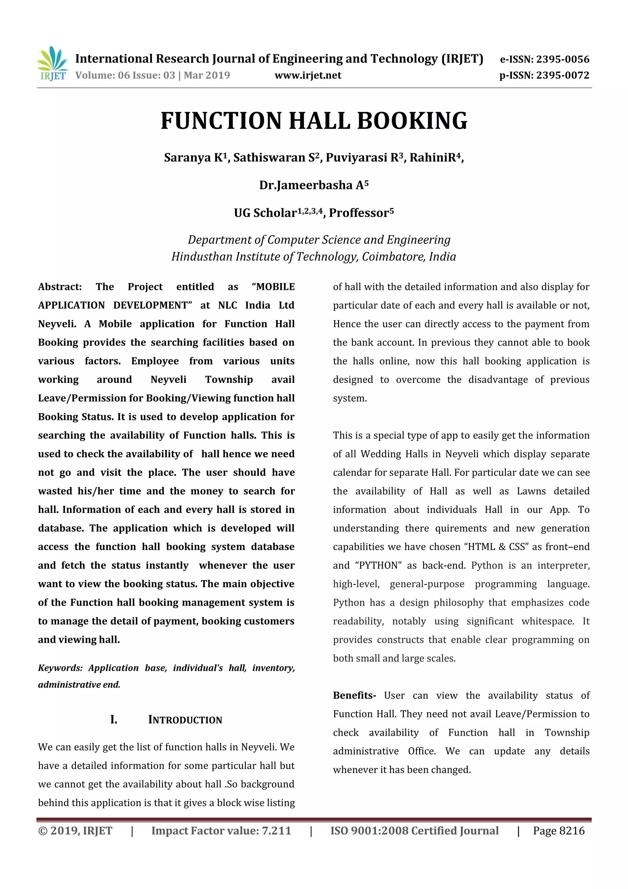 IRJET- Function Hall Booking | PDF