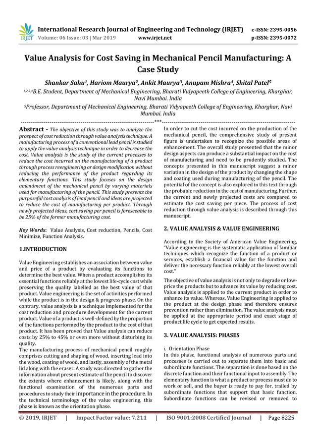 IRJET- Value Analysis for Cost Saving in Mechanical Pencil Manufacturing: A Case Study | PDF