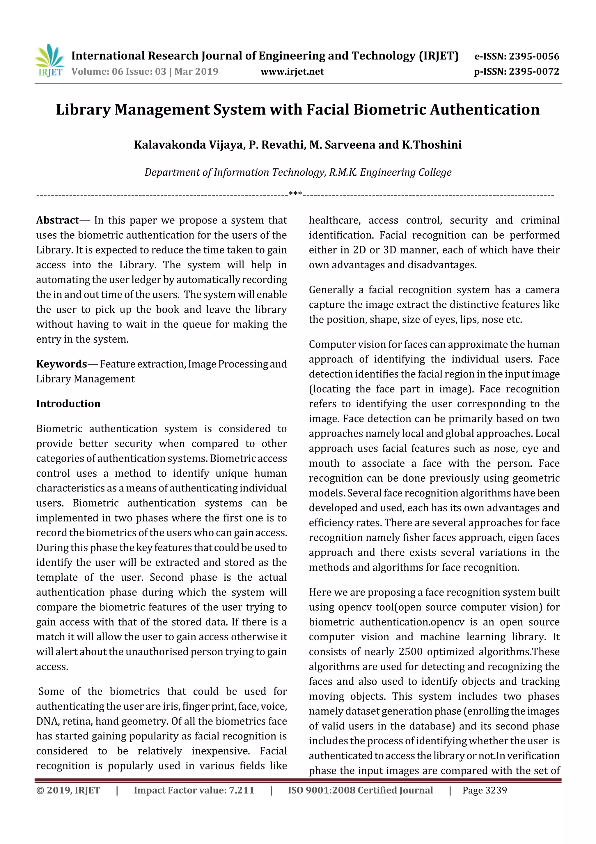 IRJET- Library Management System with Facial Biometric Authentication | PDF