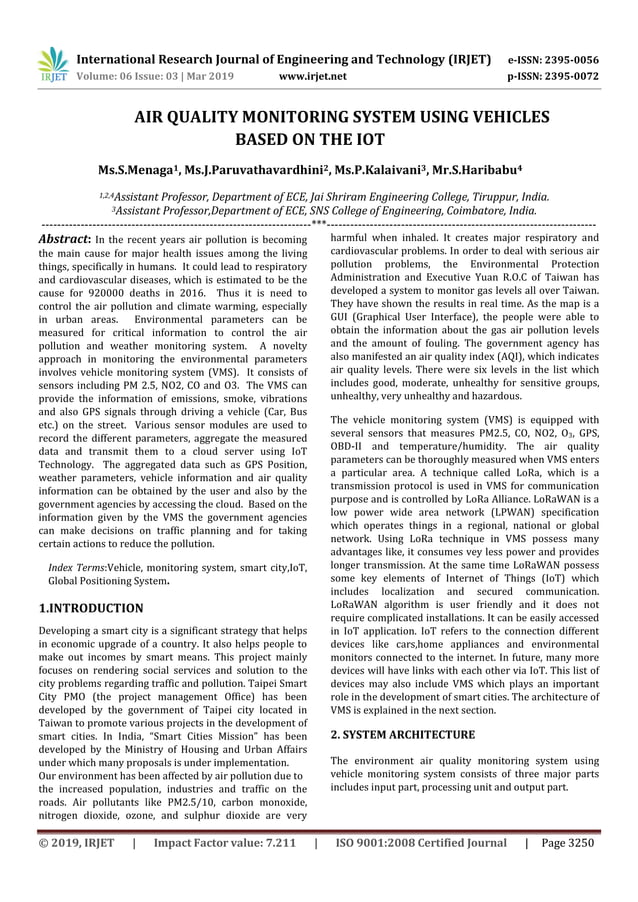 IRJET- Air Quality Monitoring System using Vehicles Based on the IoT | PDF