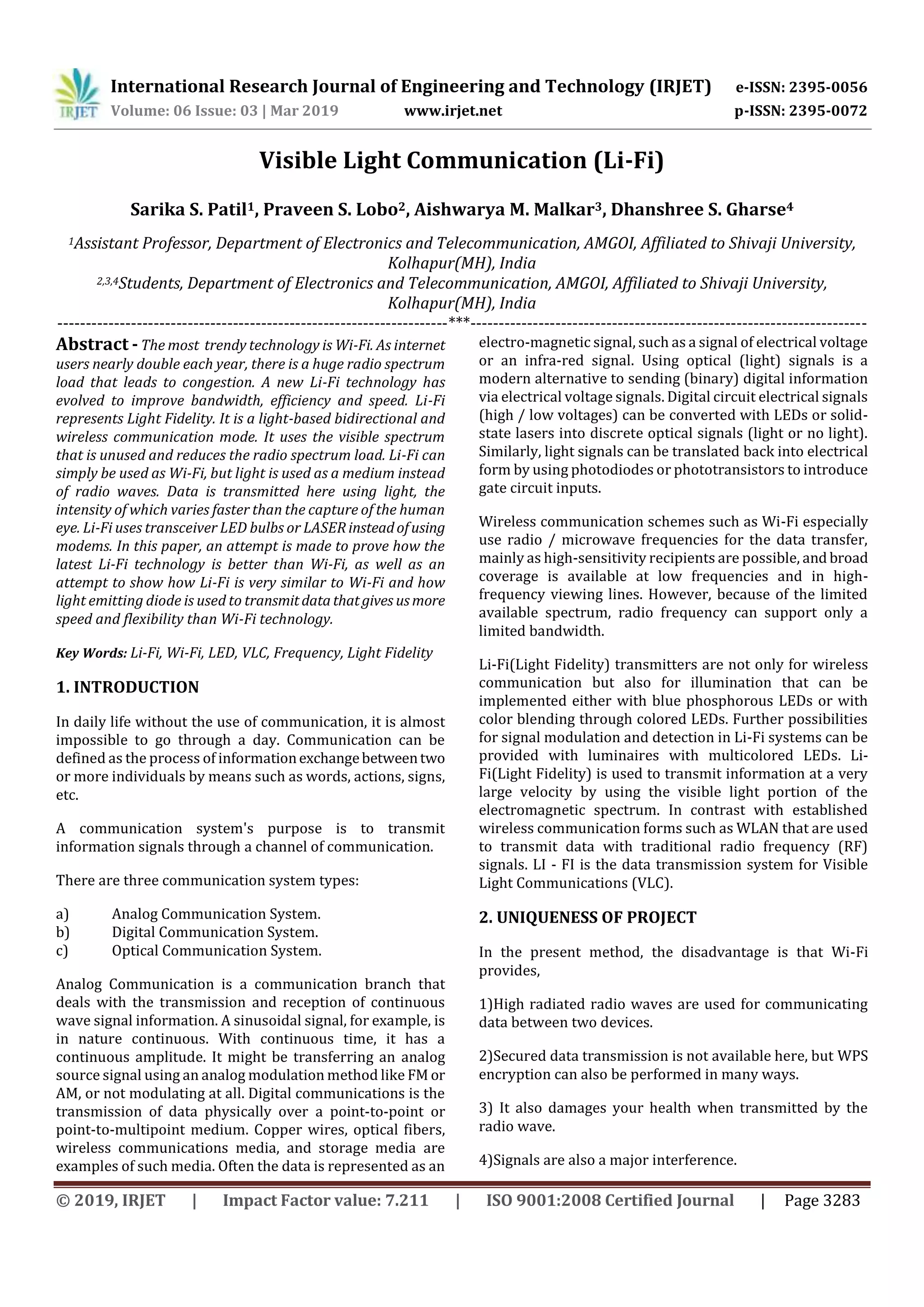IRJET- Visible Light Communication (Li-Fi) | PDF