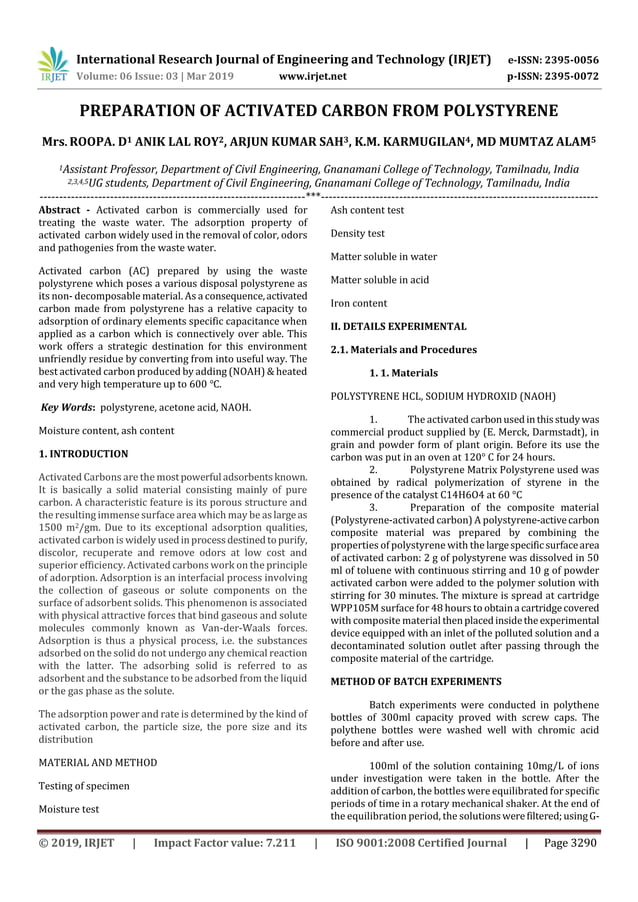 IRJET- Preparation of Activated Carbon from Polystyrene | PDF
