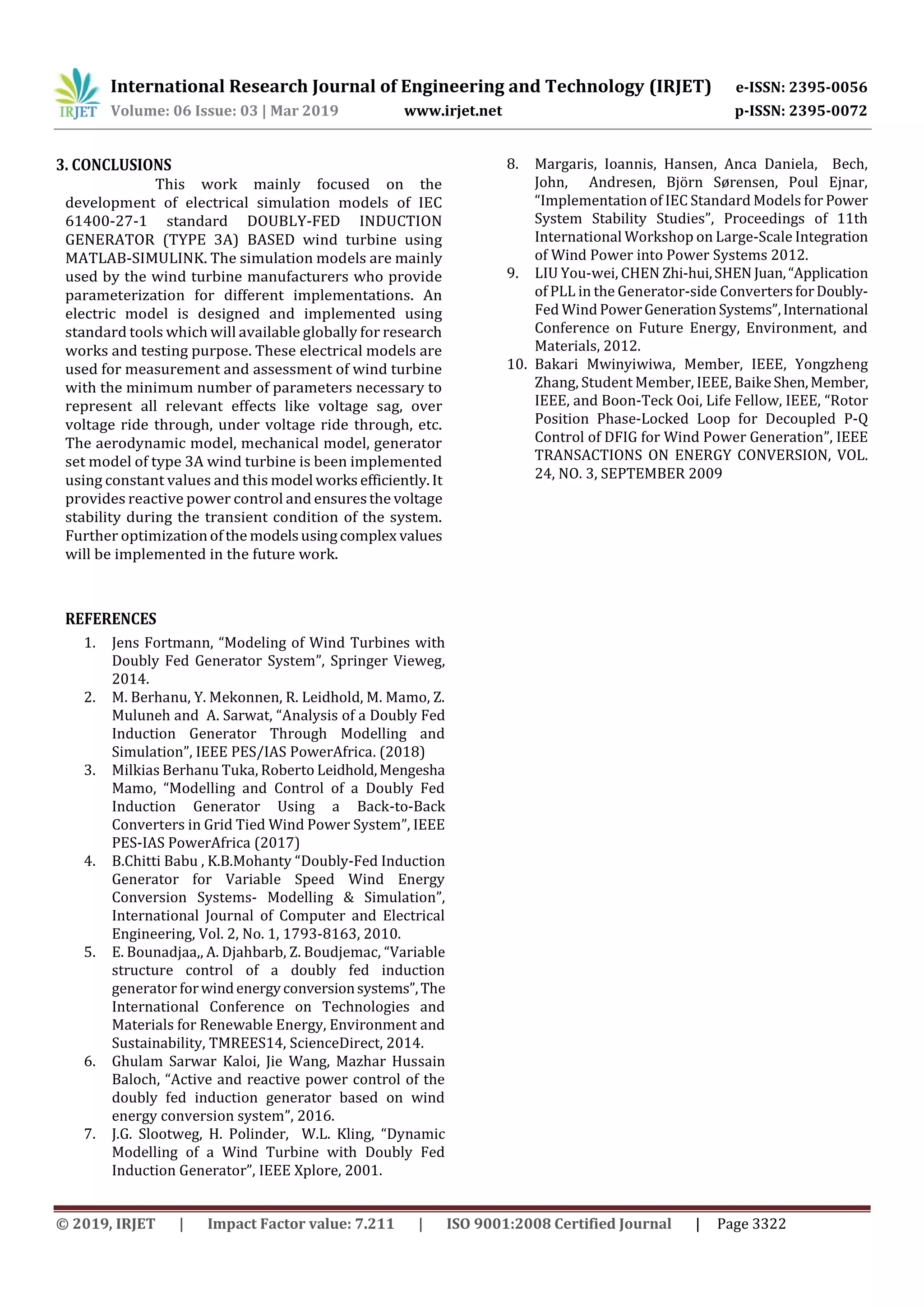 IRJET- Electrical Simulation Model of IEC 61400-27-1 Doubly-Fed ...