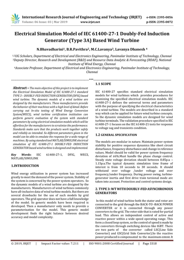 IRJET- Electrical Simulation Model of IEC 61400-27-1 Doubly-Fed ...