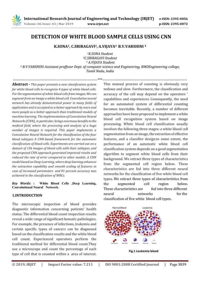 IRJET- Detection of White Blood Sample Cells using CNN | PDF