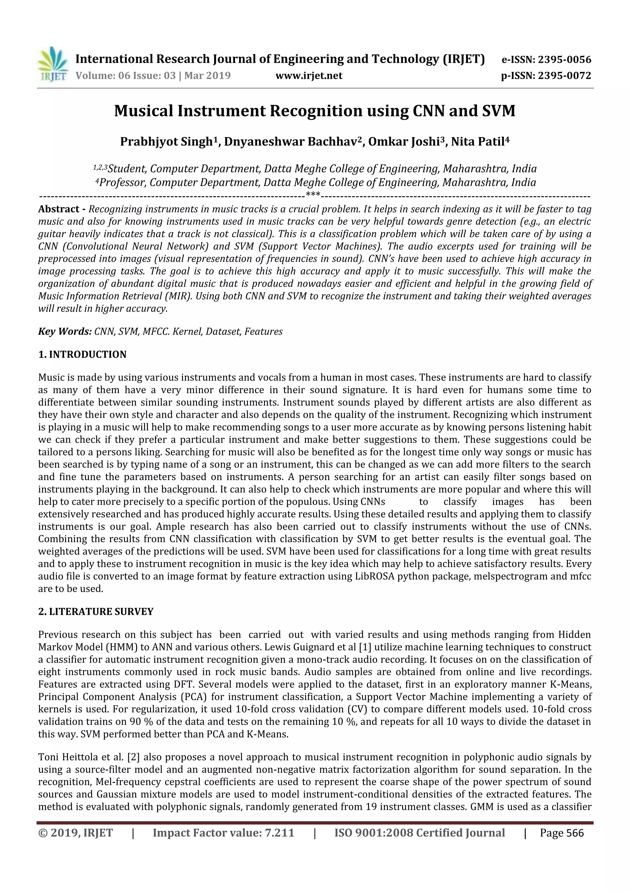 IRJET- Musical Instrument Recognition using CNN and SVM | PDF
