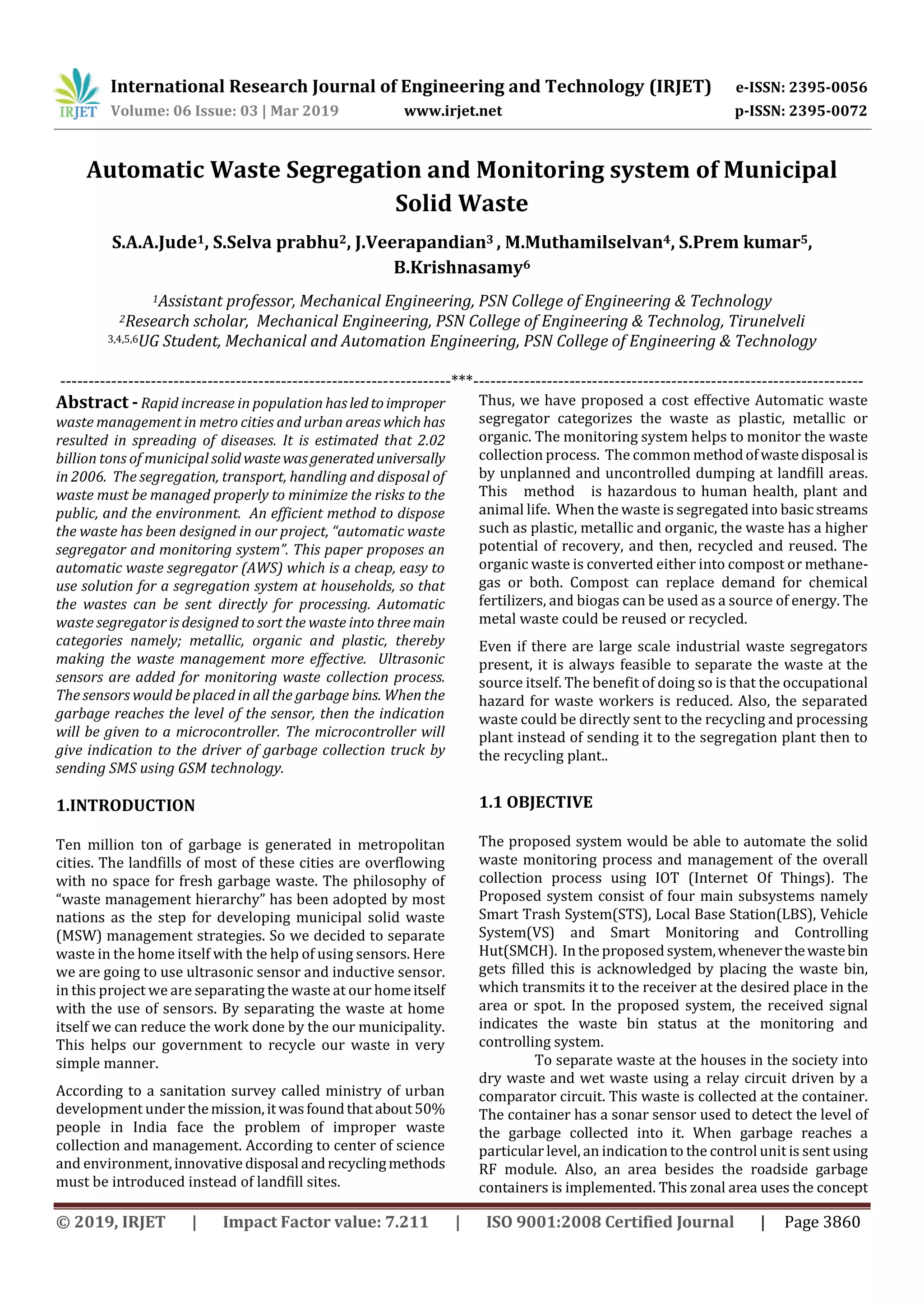 IRJET- Automatic Waste Segregation and Monitoring system of Municipal Solid Waste | PDF