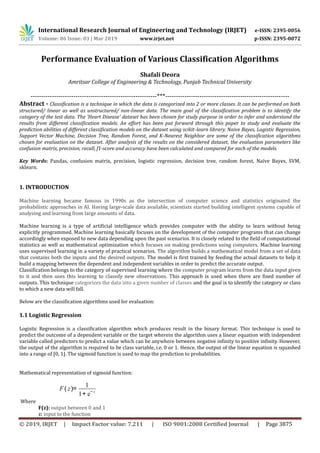 IRJET- Performance Evaluation of Various Classification Algorithms | PDF