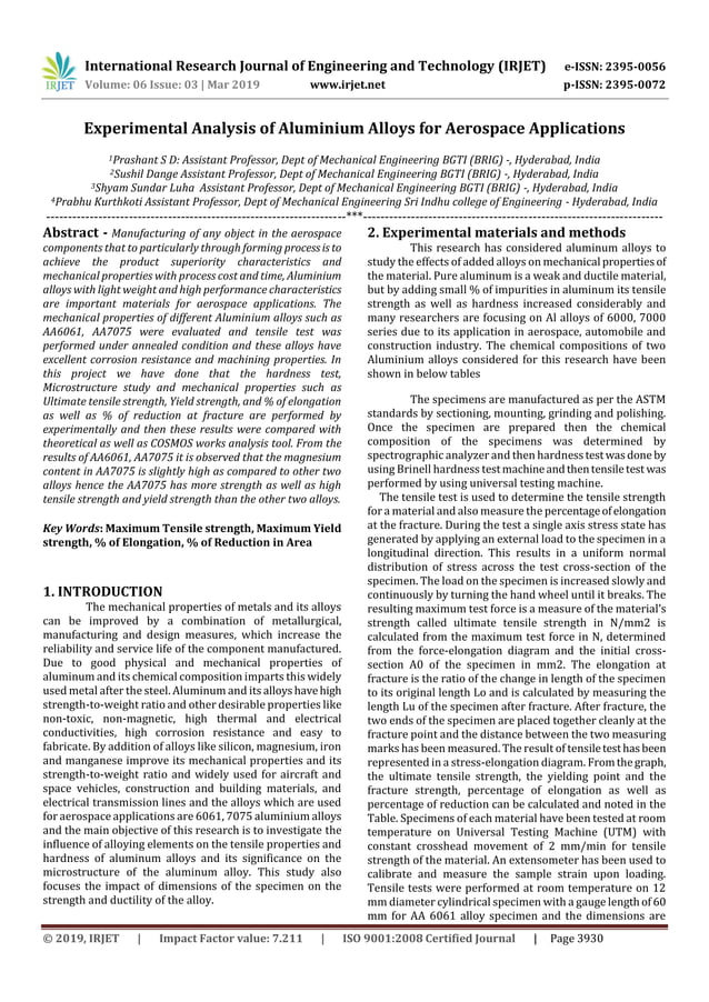 IRJET- Experimental Analysis of Aluminium Alloys for Aerospace Applications | PDF