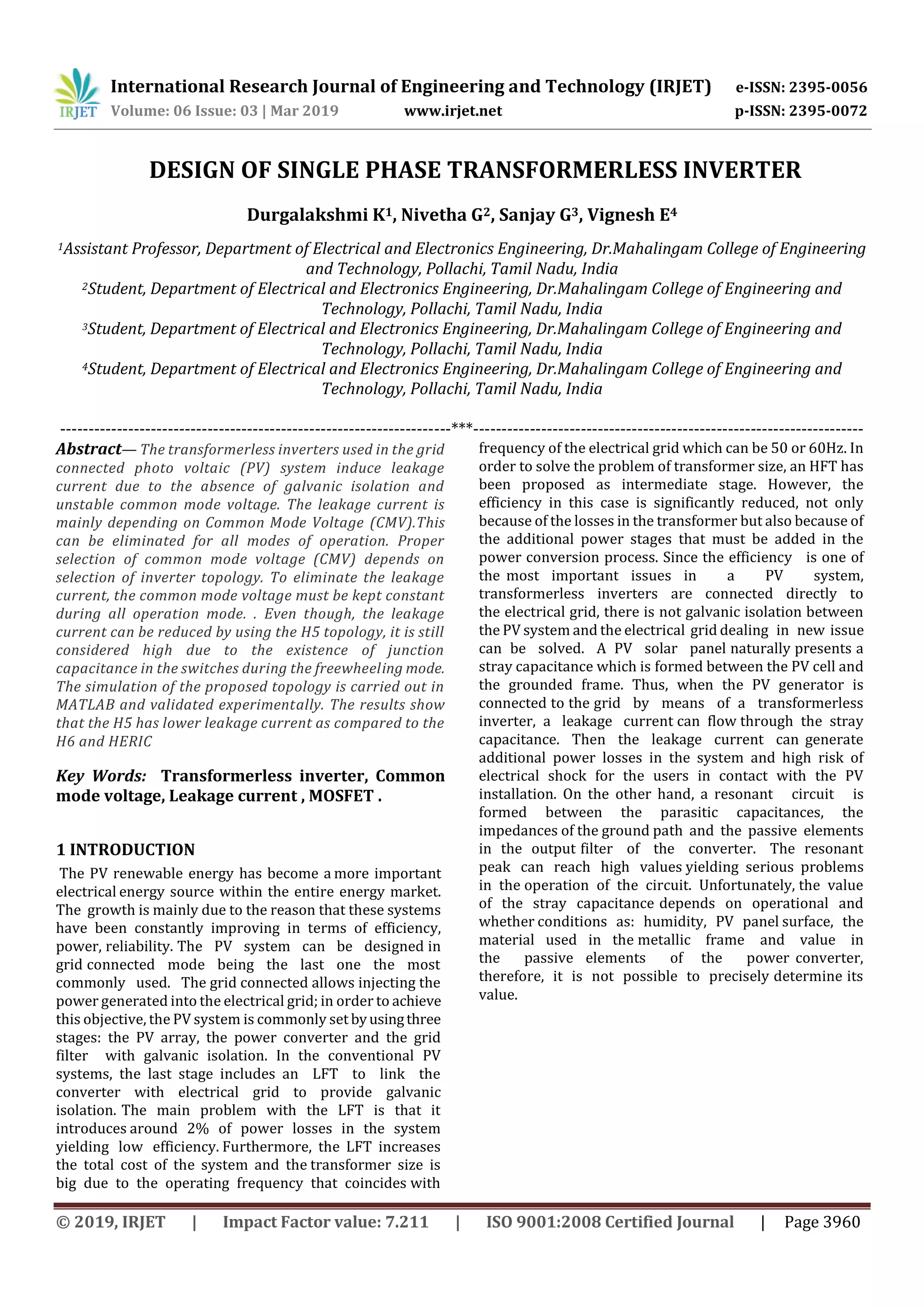IRJET- Design of Single Phase Transformerless Inverter | PDF