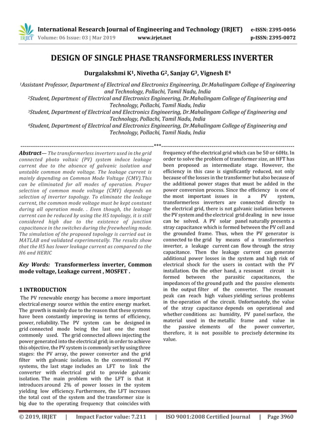 IRJET- Design of Single Phase Transformerless Inverter | PDF | Technology & Computing