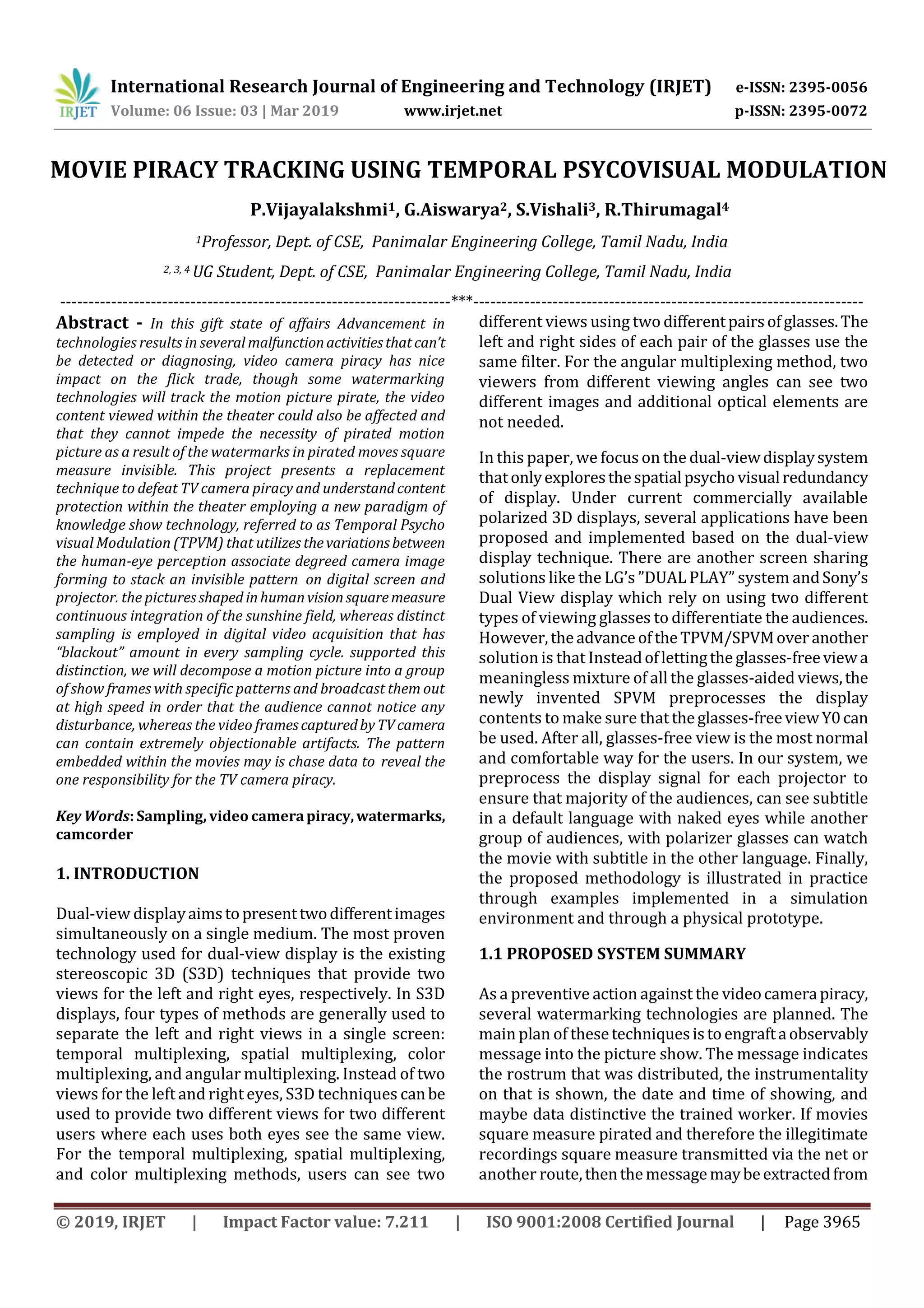IRJET- Movie Piracy Tracking using Temporal Psycovisual Modulation | PDF