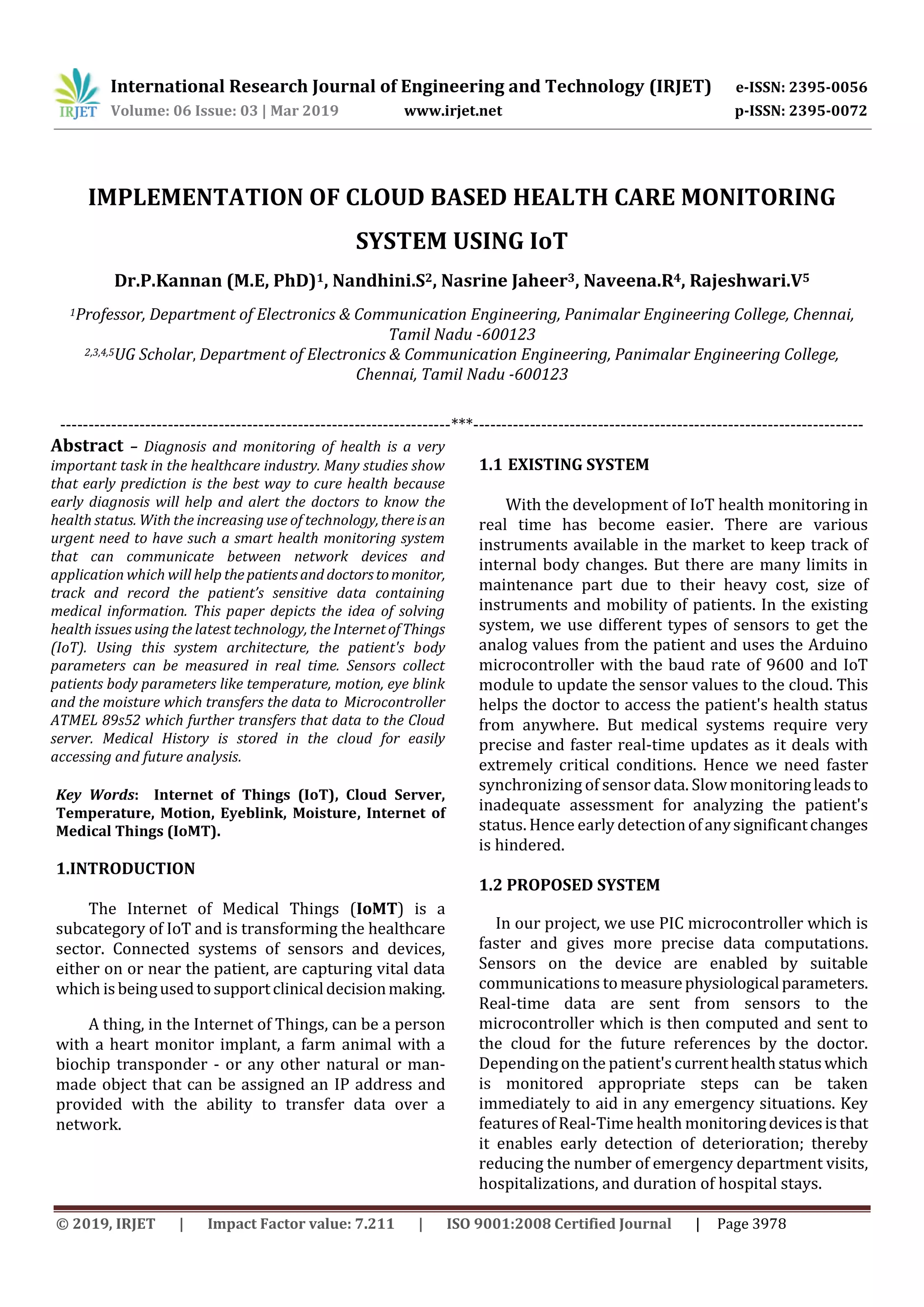 IRJET- Implementation of Cloud based Health Care Monitoring System using IoT | PDF