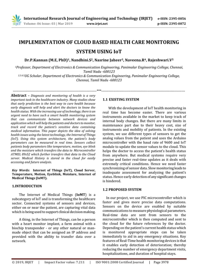 IRJET- Implementation of Cloud based Health Care Monitoring System using IoT | PDF