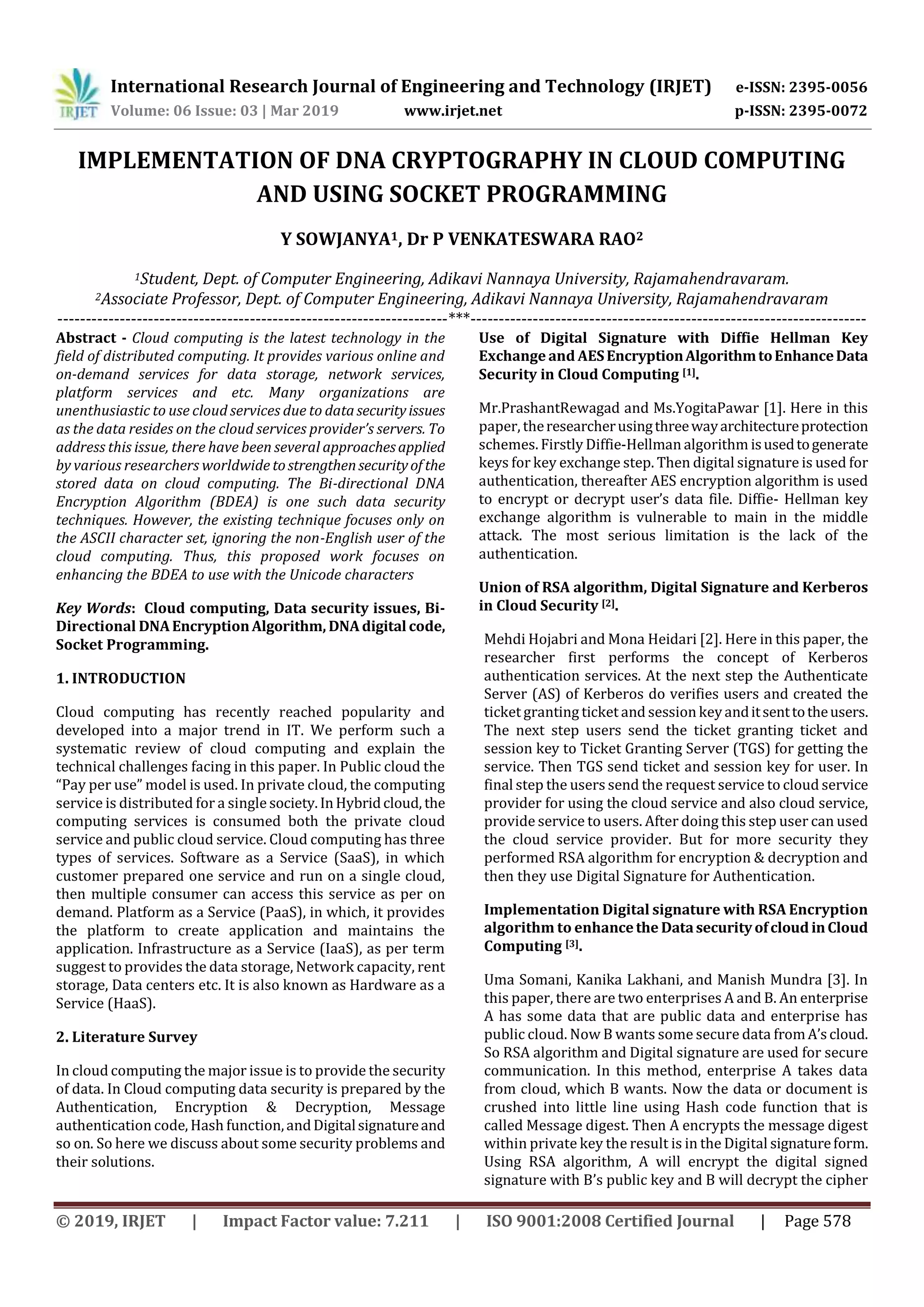 Irjet Implementation Of Dna Cryptography In Cloud Computing And Using Socket Programming Pdf