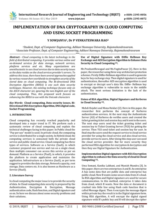 IRJET- Implementation of DNA Cryptography in Cloud Computing and using Socket Programming | PDF