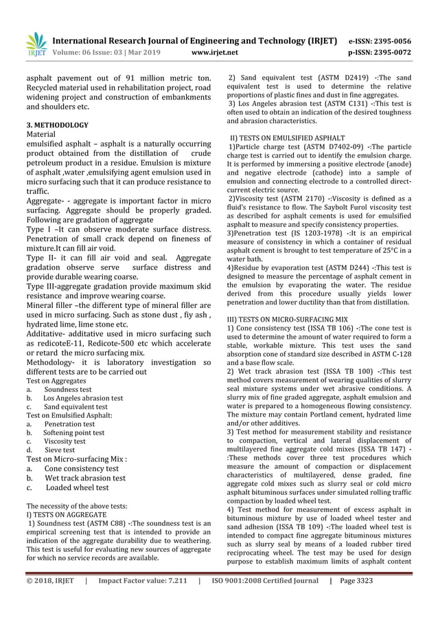 IRJET- A Laboratory Investigation on Type III Micro-Surfacing with different Fillers | PDF