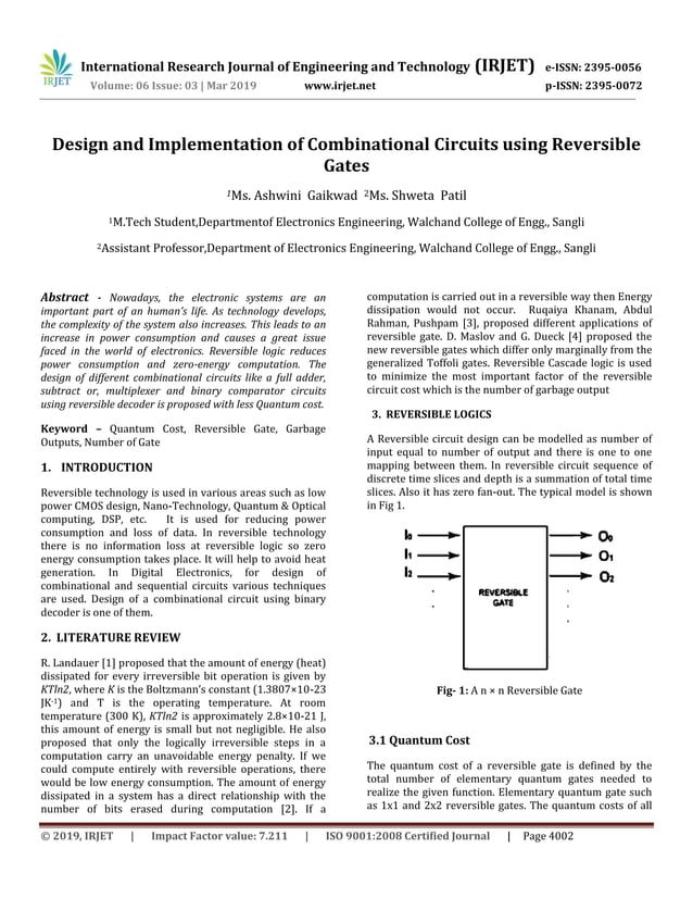 Irjet Design And Implementation Of Combinational Circuits Using Reversible Gates Pdf
