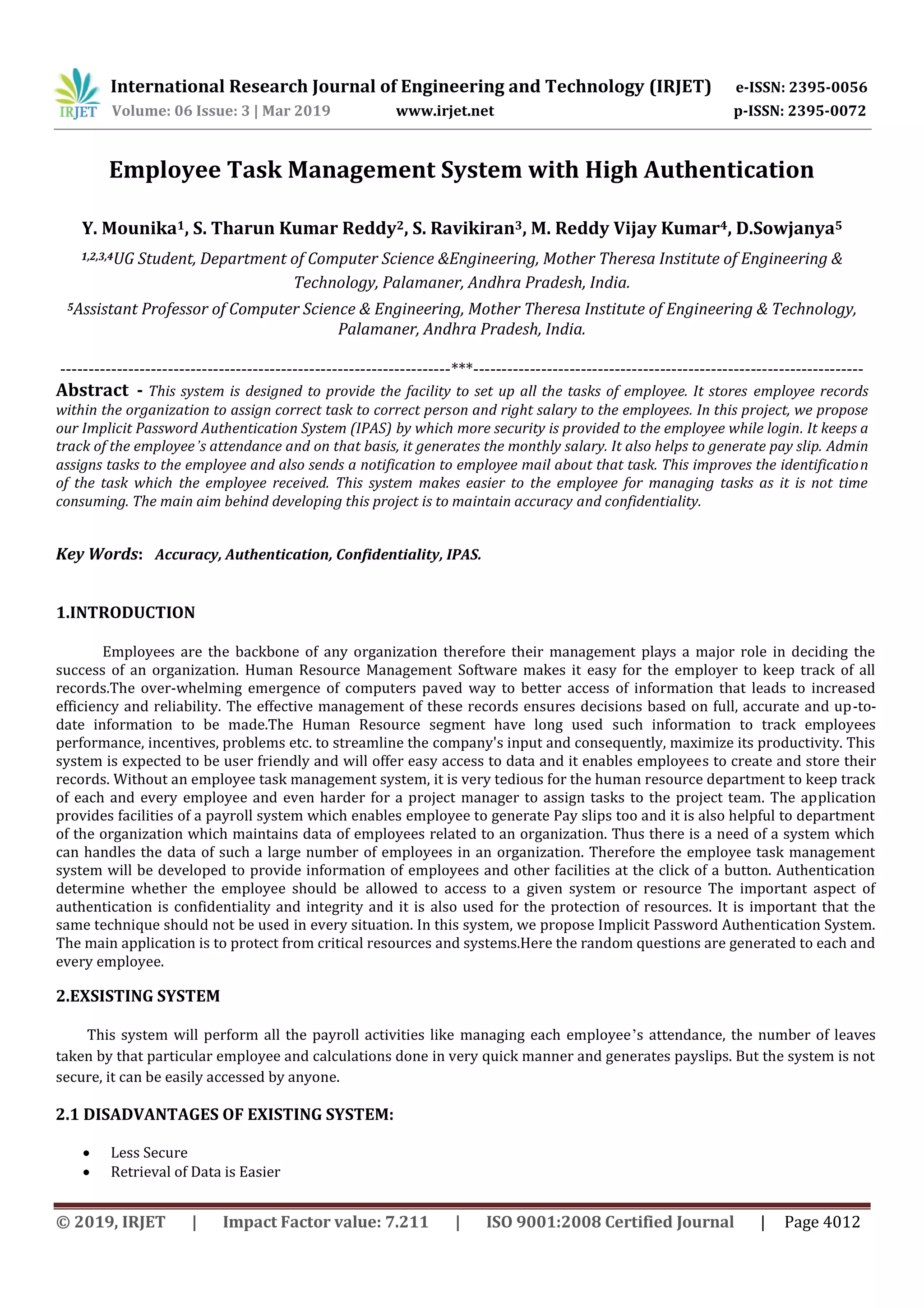 IRJET- Employee Task Management System with High Authentication | PDF