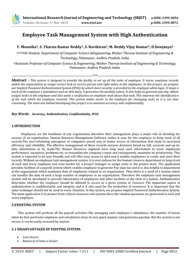 IRJET- Employee Task Management System with High Authentication | PDF