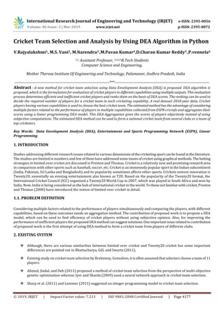 IRJET- Cricket Team Selection and Analysis by using DEA Algorithm in Python | PDF