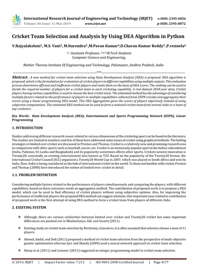 IRJET- Cricket Team Selection and Analysis by using DEA Algorithm in Python | PDF