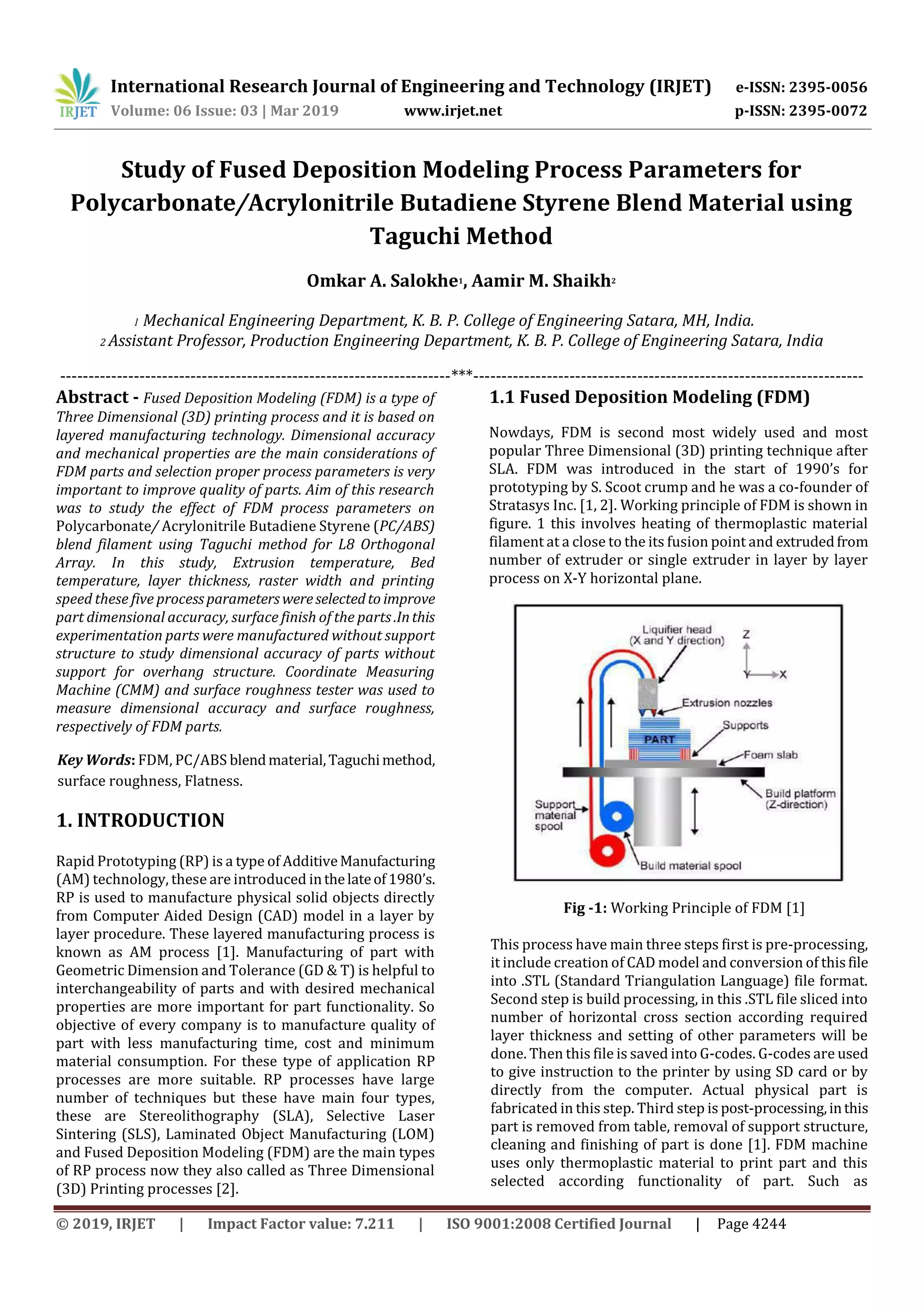 IRJET- Study of Fused Deposition Modeling Process Parameters for Polycarbonate/Acrylonitrile ...